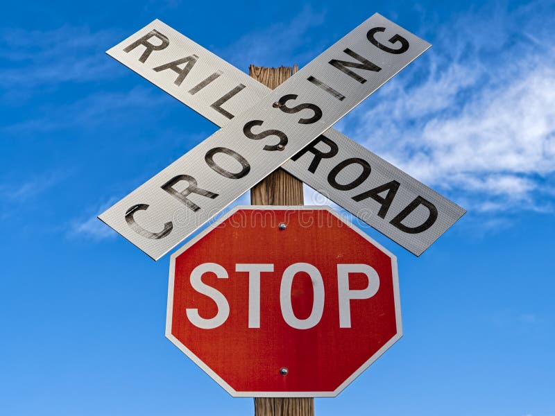 Stop Sign and Railroad Crossing Signs Stock Photo - Image of america ...