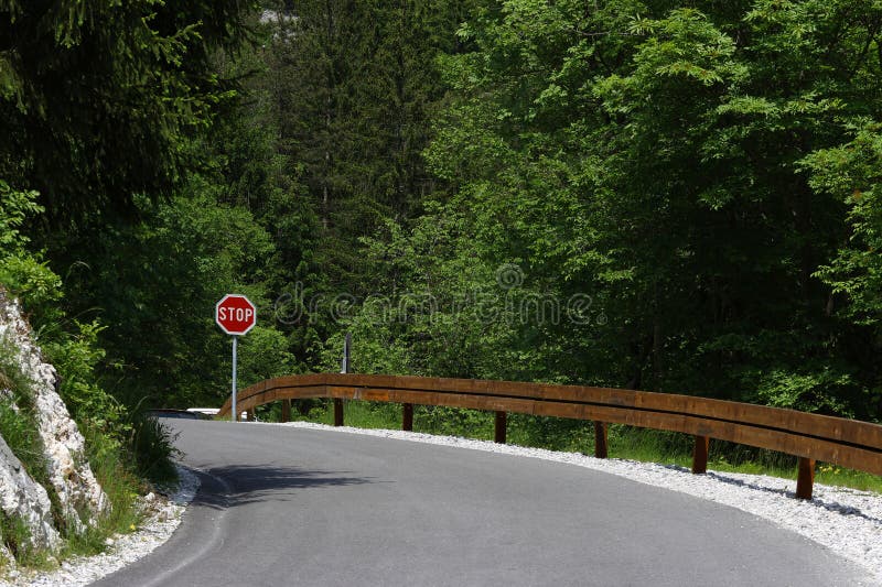 Road Sign on a Metal Pole `STOP` with Forest Behind the Sign and Guard ...