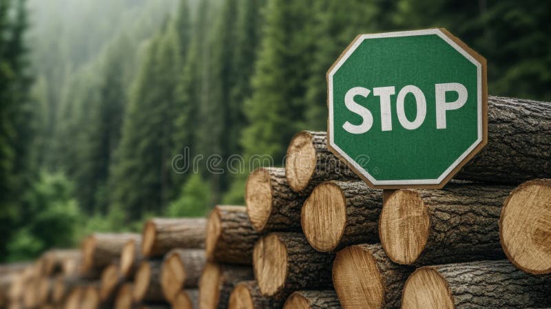 Stop Sign on Stacked Logs Highlights Deforestation Concerns in Lush ...