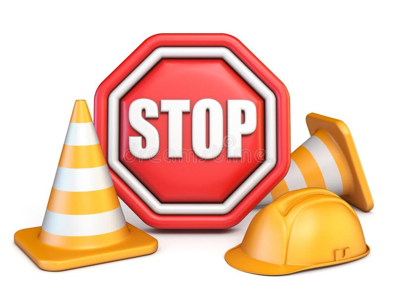 Stop Sign, Traffic Cones and Safety Helmet 3D Stock Illustration ... Stop Sign, Traffic Cones and Safety Helmet 3D Stock Illustration ...
