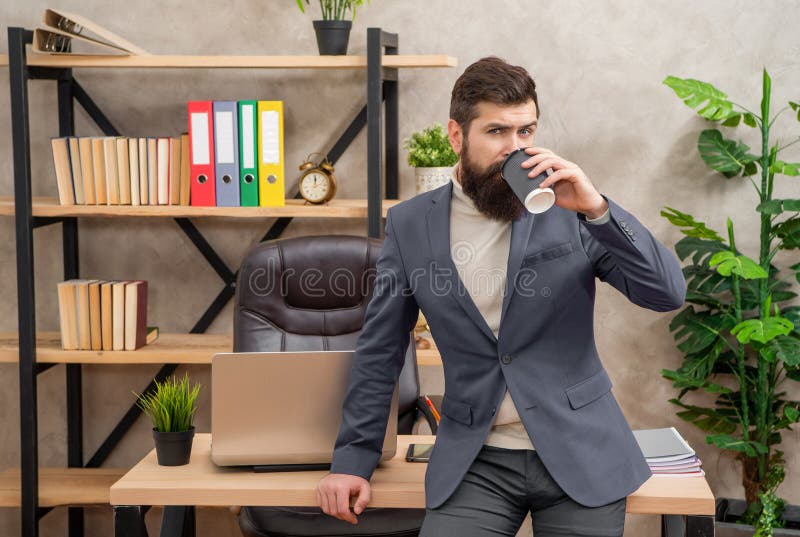 Stop and Sip the Coffee. Professional Man Drink Coffee in Office. Rest ...