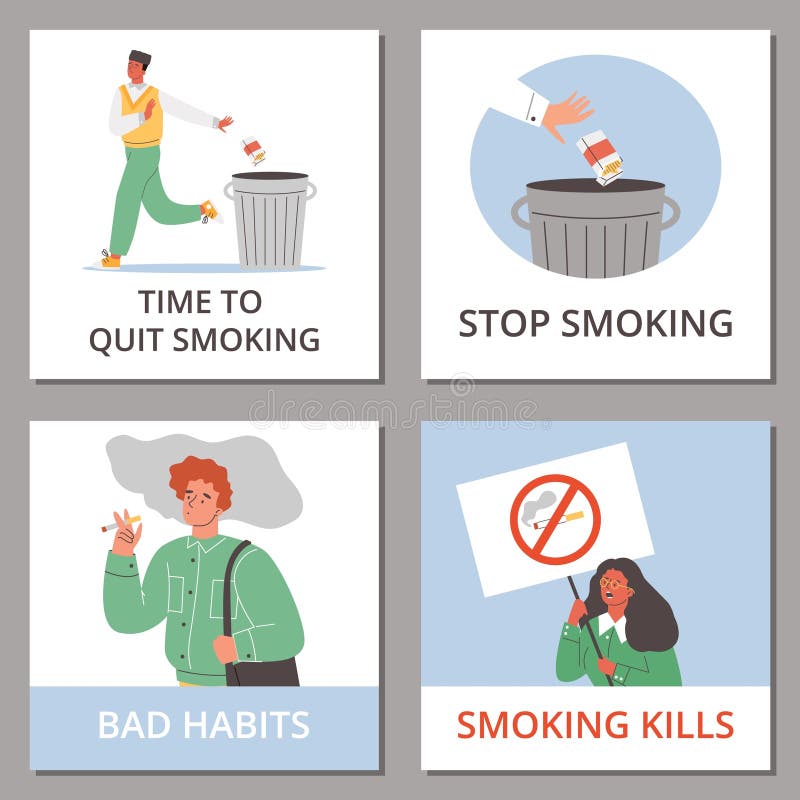 Stop Smoking Banners or Posters Bundle with People Flat Vector ...