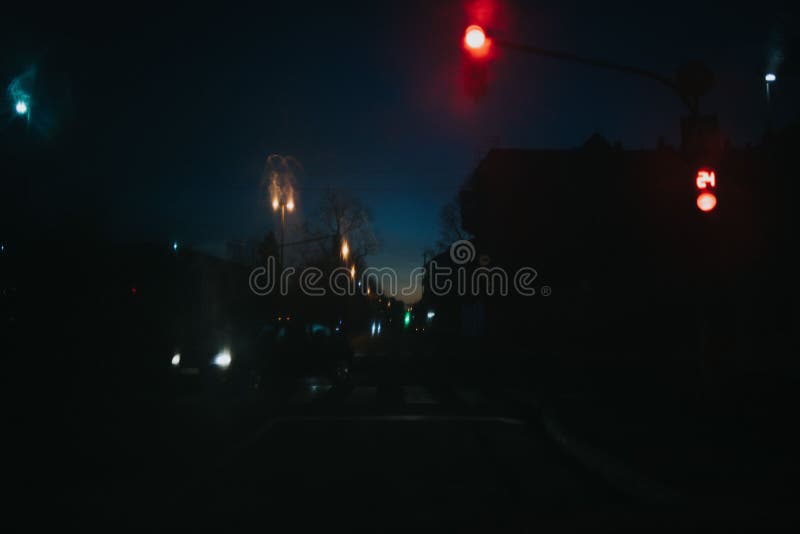 Stop Traffic Light on the Street at Night Stock Photo - Image of mirror ...