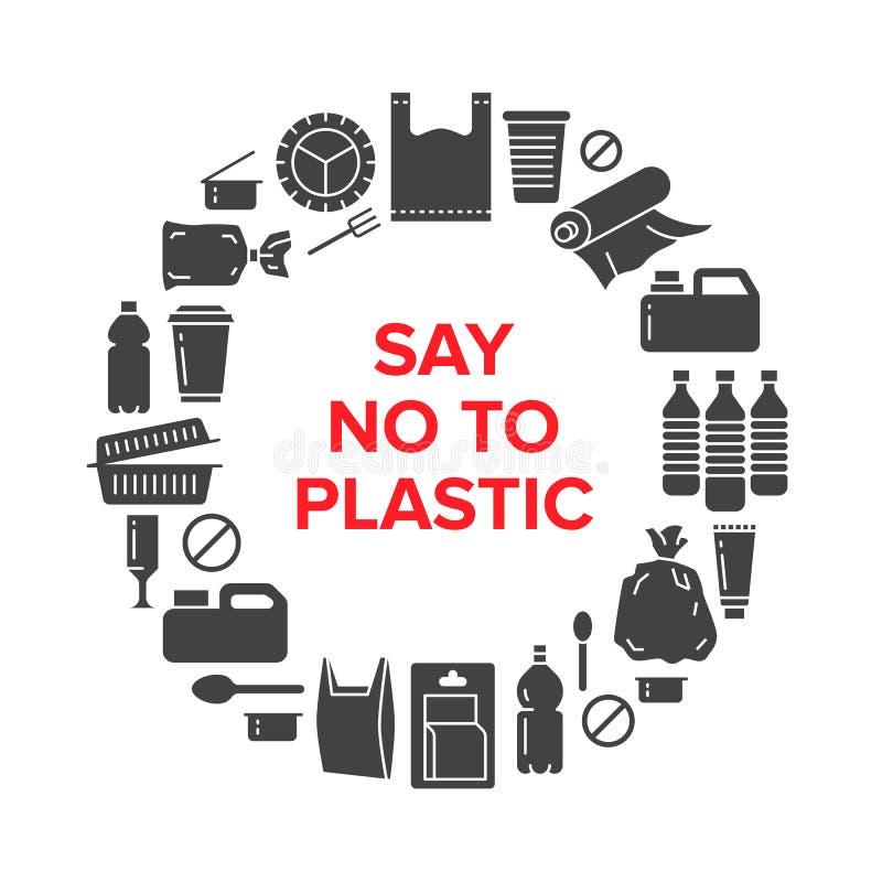 Stop Using Plastic Circle Template with Flat Line Icons. Polyethylene ...