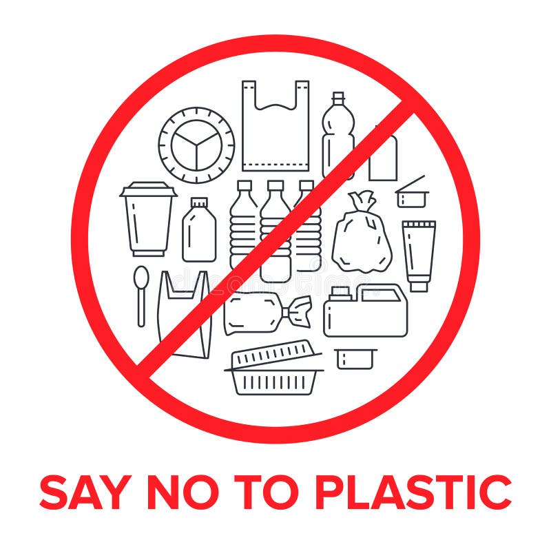 Stop Using Plastic Circle Template with Flat Line Icons. Polyethylene ...