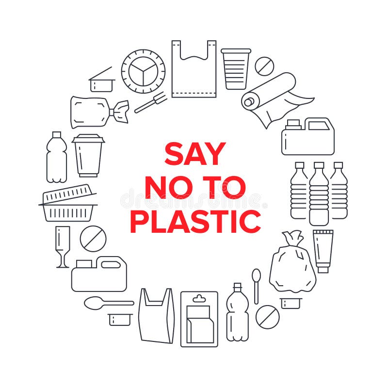 Stop Using Plastic Circle Template with Flat Line Icons. Polyethylene ...