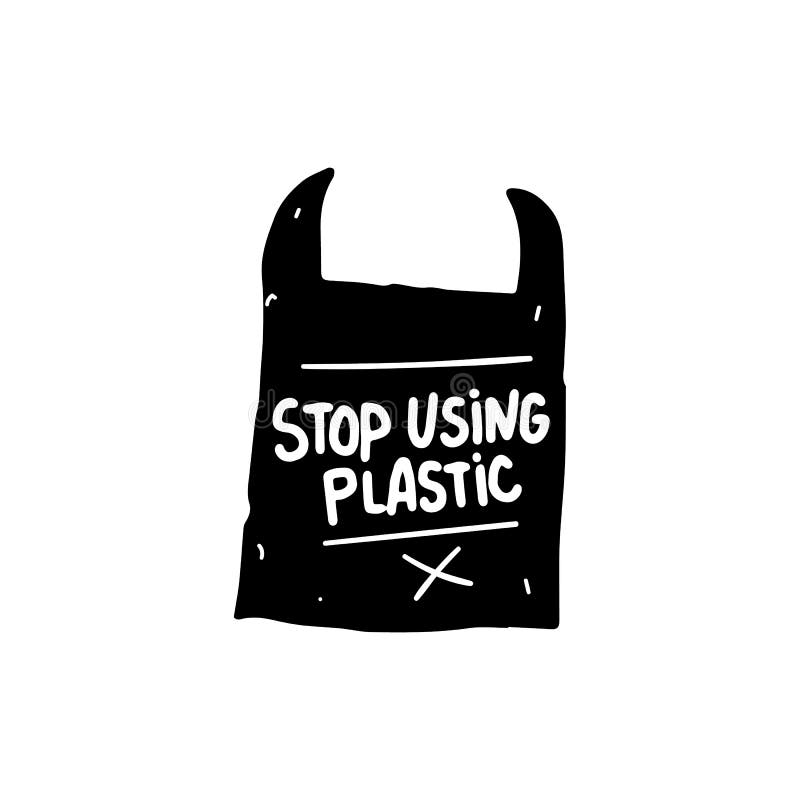 STOP USING PLASTIC Hand Inscription. Black Ecology Sticker Shape Bag ...