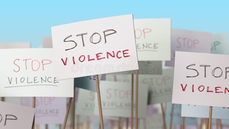 STOP VIOLENCE Placards at Street Demonstration. Conceptual Loopable ...