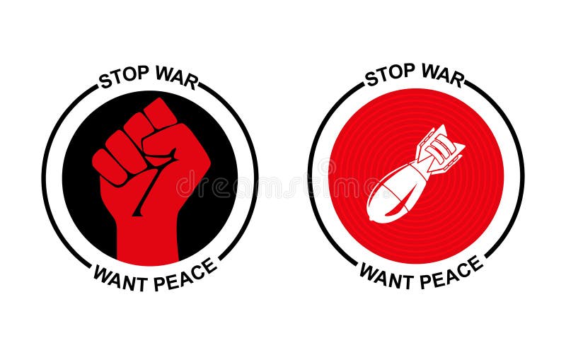 Stop War. Want Peace. Signs with a Clenched Fist and a Falling Bomb ...