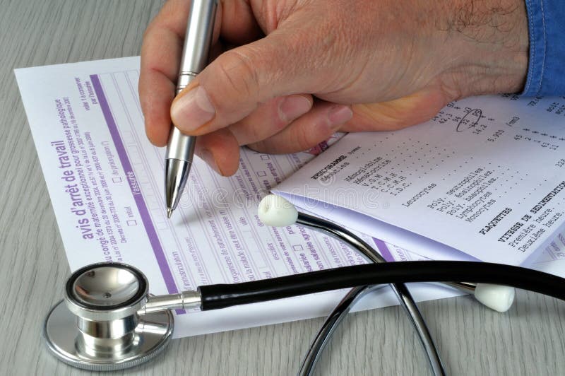 Doctor Completing a Work Stoppage Form in French Stock Illustration ...