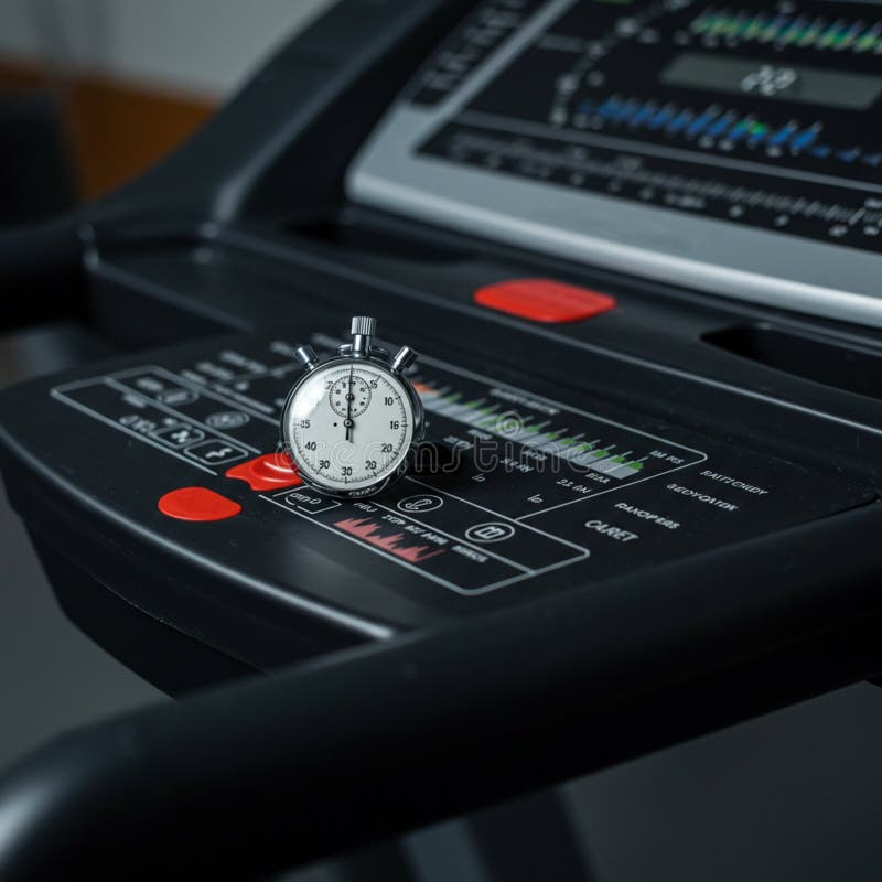 A Stopwatch Sits on the Console of a Treadmill. the Console Displays ...