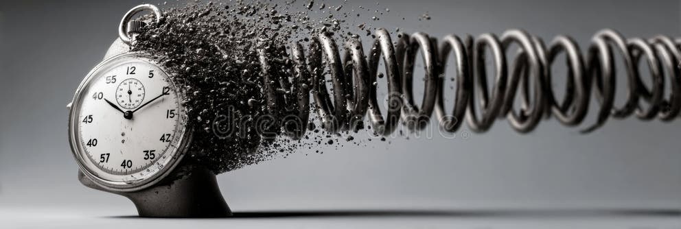 Stopwatch Transforms into a Coiled Spring Symbolizing Time and Motion in a Minimalistic Setting ...