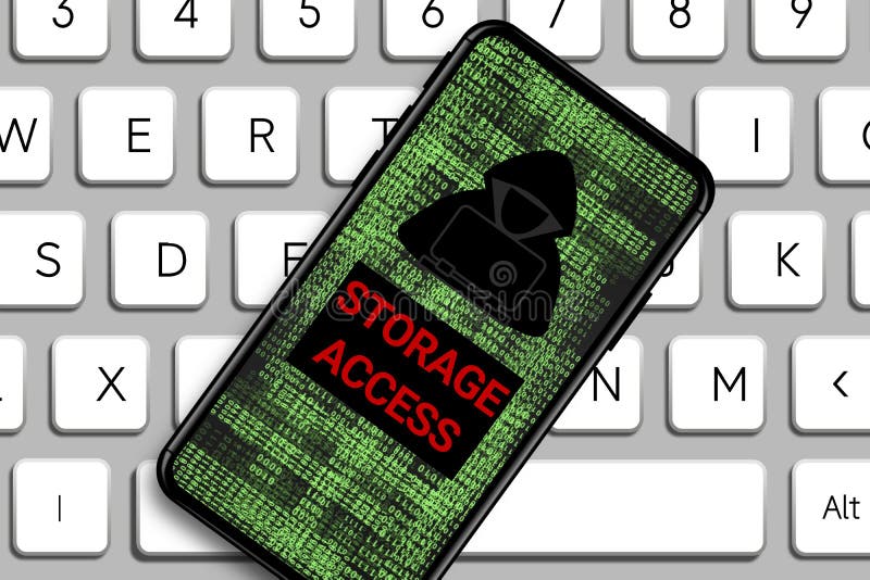 Storage Access Word and Hacker Icon in Mobile Phone with Digital Code ...
