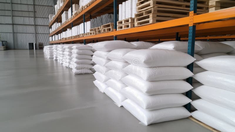 Storage Area Filled with Neatly Stacked White Sacks in a Warehouse ...