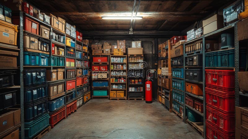 Storage Area Filled with Organized Crates and Boxes in a Dimly Lit ...