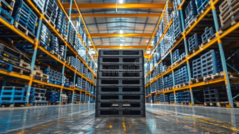 Storage Area Showcases Vertical Stack of Black Pallets between Rows of ...