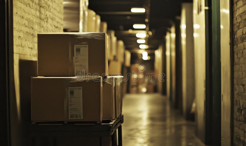 Storage Area with Stacked Boxes, Dimly Lit Corridor, Organized ...