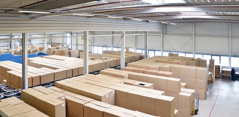 Storage of Cardboard Boxes in a Large Warehouse of an Industrial Stock ...