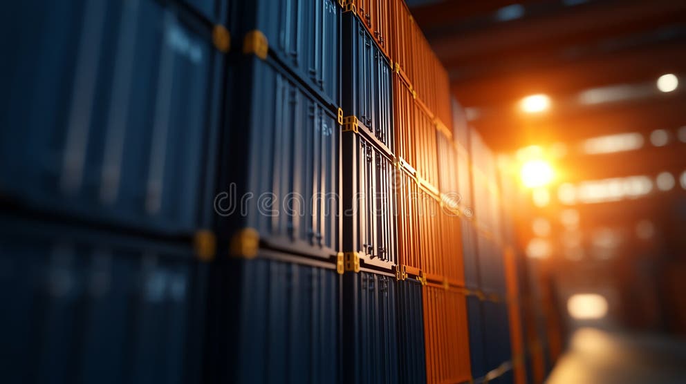 Storage Containers in a Warehouse Illuminated by Warm Sunlight Stock ...