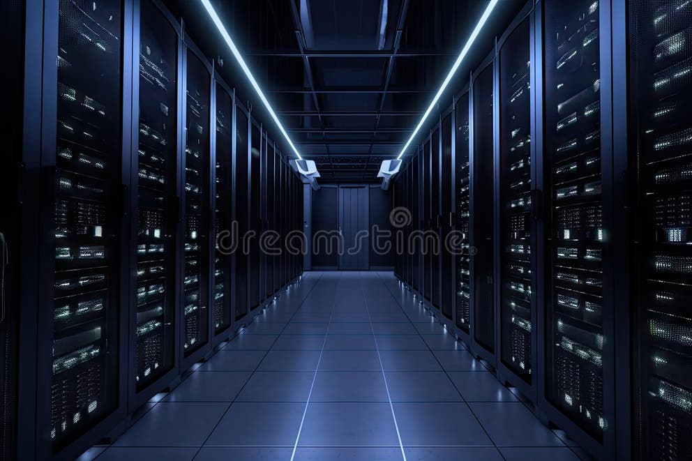 Storage Data Center with Rows of Server Racks, Each One Filled with ...