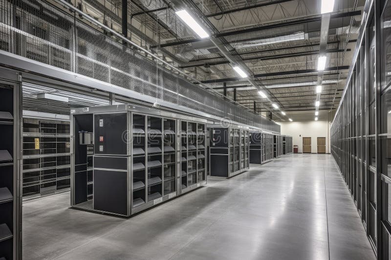 Storage Data Center with Rows of Shelving and Tall Racks for Storing ... Storage Data Center with Rows of Shelving and Tall Racks for Storing ...