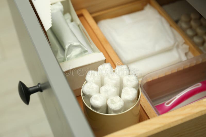 Storage of Different Feminine Hygiene Products in Drawer, Closeup Stock ...