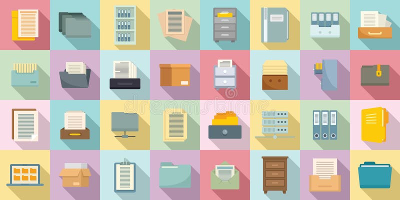 Storage of Documents Icons Set, Flat Style Stock Vector - Illustration ...