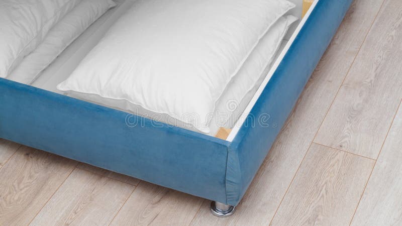 Storage Drawer Under Bed with White Pillows Indoors, Above View Stock ...