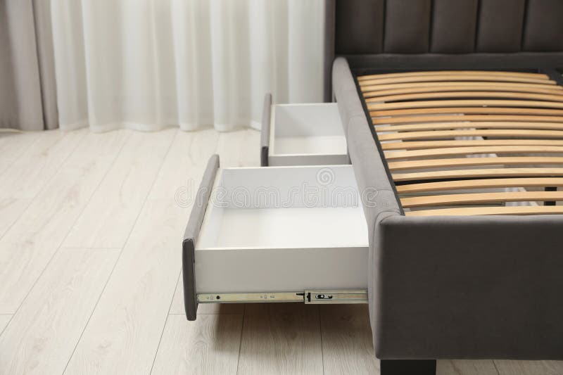 Storage Drawers for Bedding Under Modern Bed in Room. Space for Text ...
