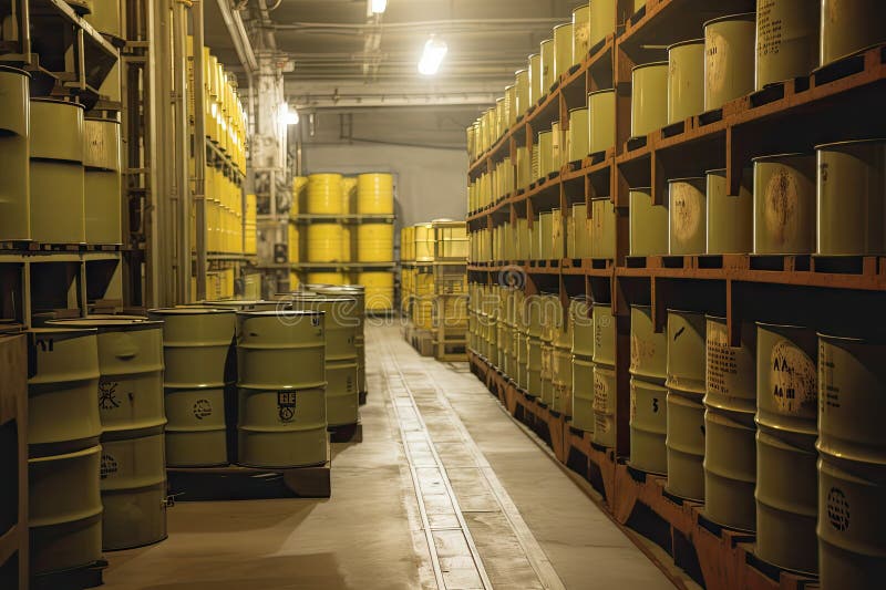 Storage Facility, with Barrels of Radioactive Waste Stacked on Metal ...