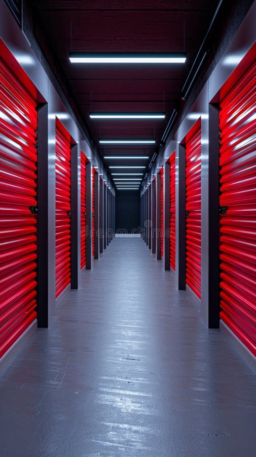 Storage Facility Corridor with Red Shutters and Neon Lighting ...