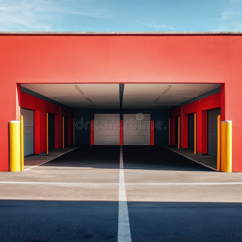 Bright Red Storage Facility with Open Units in Daylight Stock Photo ...