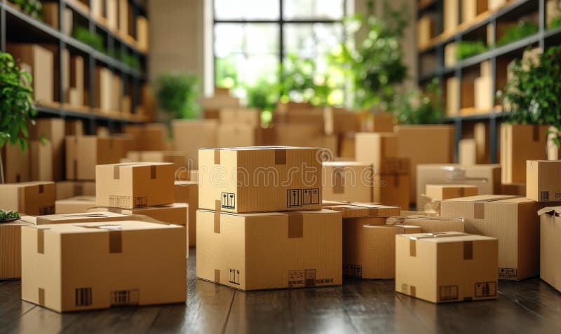 Storage Facility Filled with Cardboard Boxes and Greenery Stock Image ...