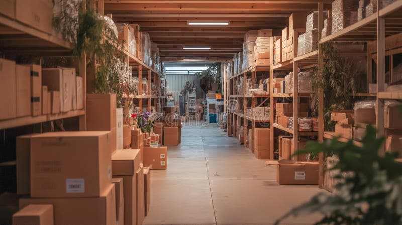 Storage Facility Filled with Cardboard Boxes and Shelves Stacked with ...