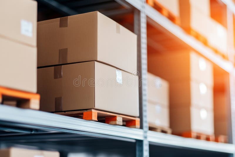 Storage Facility with Stacked Cardboard Boxes Organized on Shelves ...