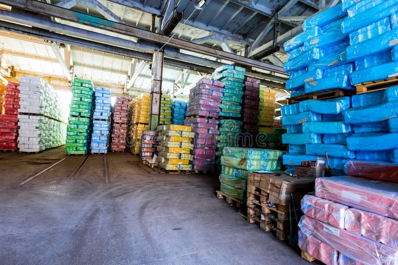 Storage at Factory with Wrapped in Plastic Boxes Stock Photo - Image of ...