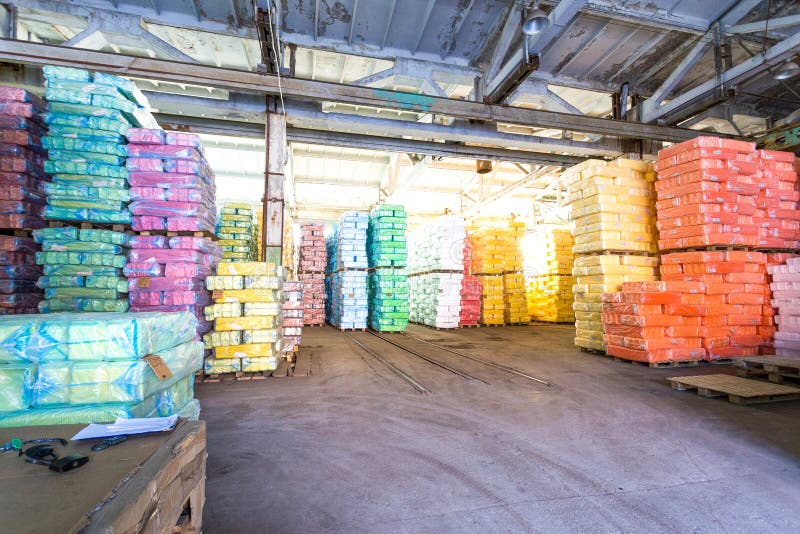 Storage at Factory with Wrapped in Plastic Boxes Stock Image - Image of ...