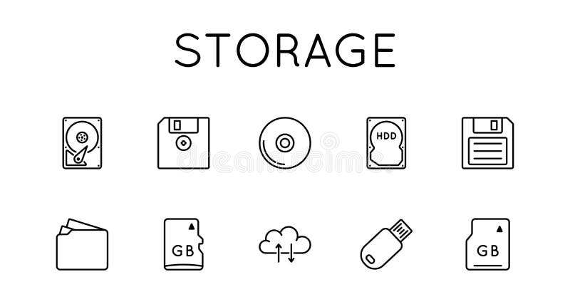Storage Icon Set. Data, Media, Media Content Memory Card, Hard Drive ...