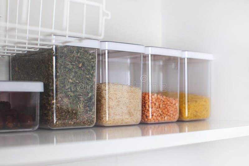 Storage Ideas in the Kitchen. White Box and Basket. Shelf Order System ...