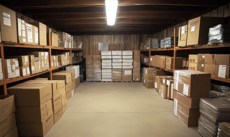 Storage Room Filled with Boxes and Packages, Organized Shelving ...