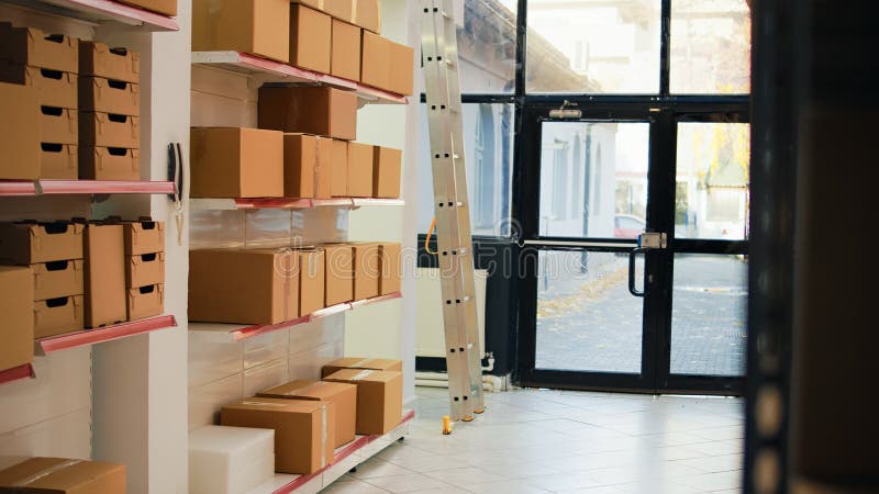 Storage Room Filled with Boxes on Racks and Shelves Stock Photo - Image ...