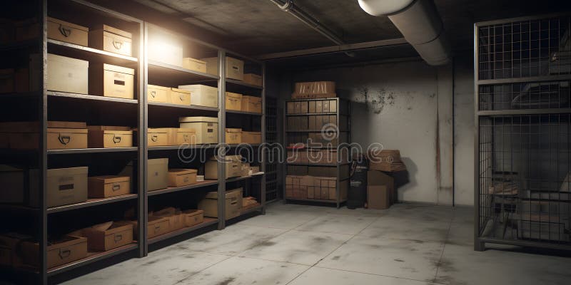 A Storage Room with Shelves and Boxes Cinematic Hyper-rea Created with ...