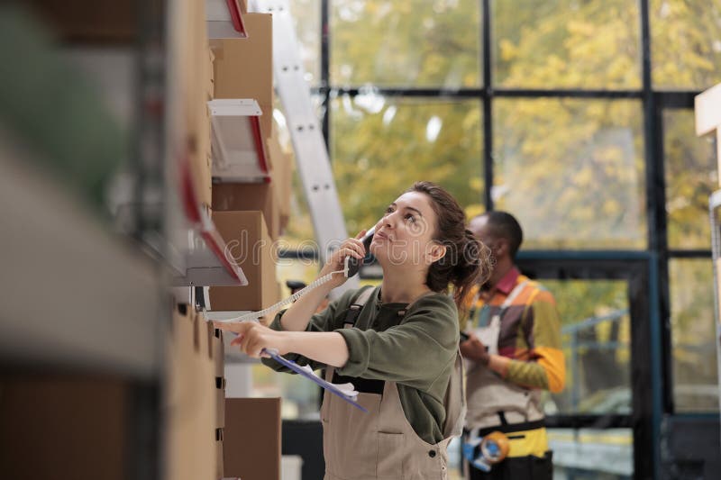 Storage Room Worker Talking at Landline Phone Stock Image - Image of ...