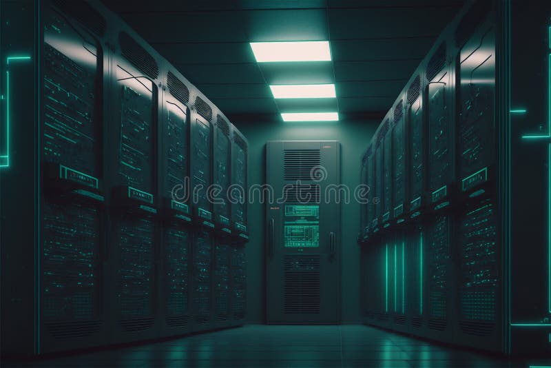 Storage Server Racks Room with Big Data Cyber Network. Green Light ...