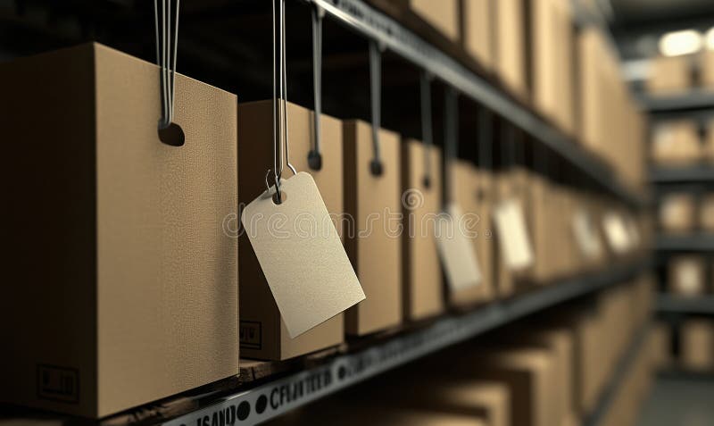 Storage Shelves Filled Labeled Cardboard Boxes Warehouse Environment ...