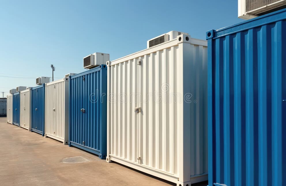 Storage Solution. Blue, White Refrigerated Containers Stand in Row ...