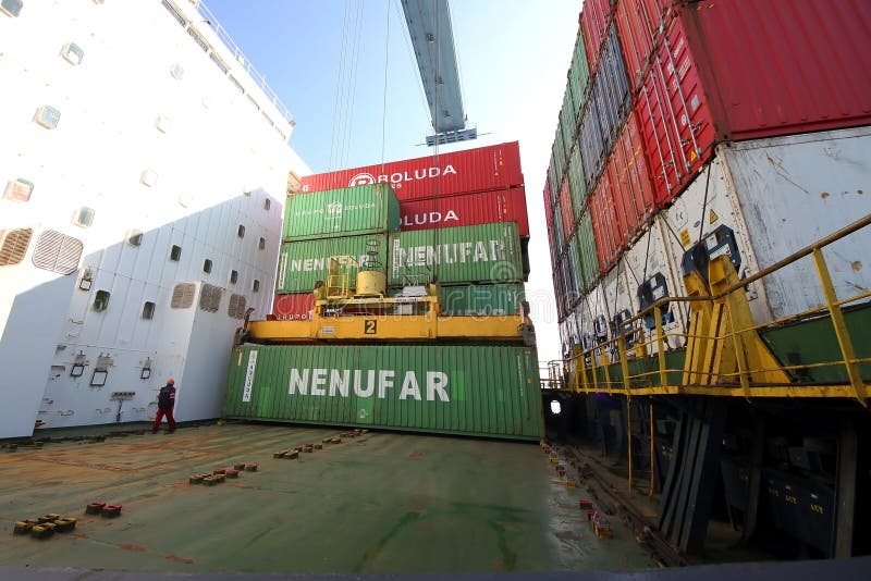 Storage of Standard Containers in a Ship. Editorial Stock Image - Image ...