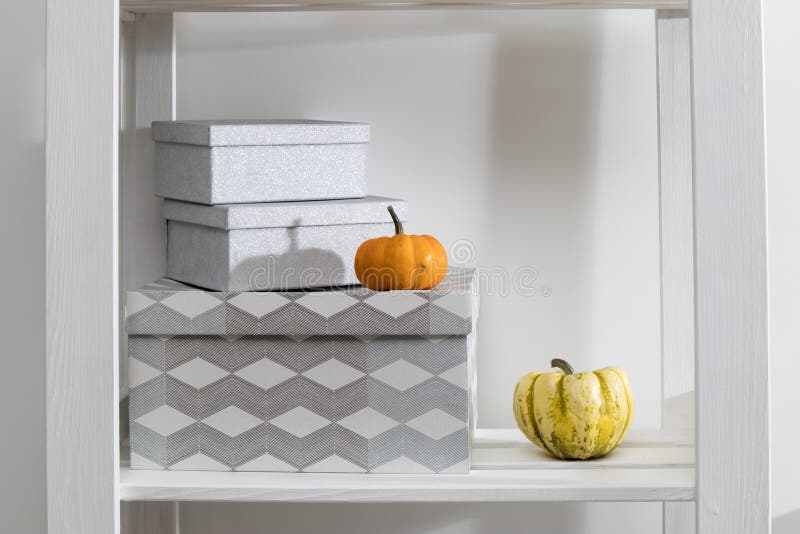 Storage System in Kitchen. Shelving with Boxes Stock Photo - Image of ...