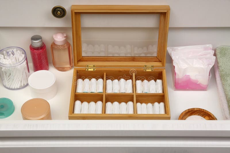 Storage of Tampons and Different Hygiene Products in White Drawer Stock ...