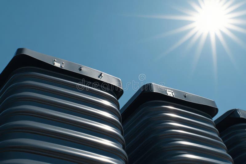 Storage Tanks Shine Under Sunlight and Sky, Water Conservation Theme ...